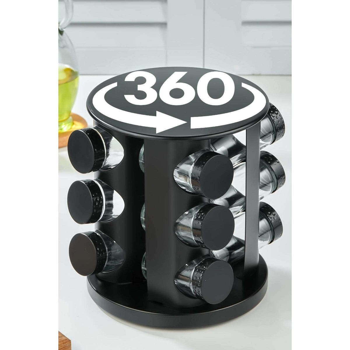Shakers - 360° Black Rotating 12 Jars Spice Storage Rack - Stainless S ...